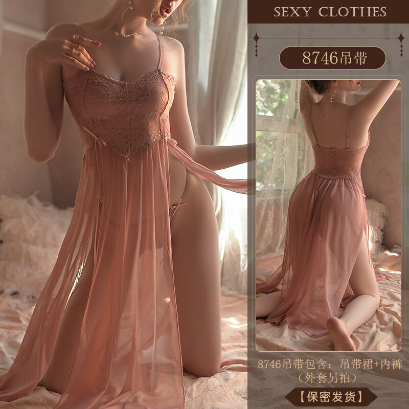 Сексуальная кружевная ночная рубашка-комбинезон, сетчатое прозрачное длинное платье, сексуальная пижама-униформа 8746