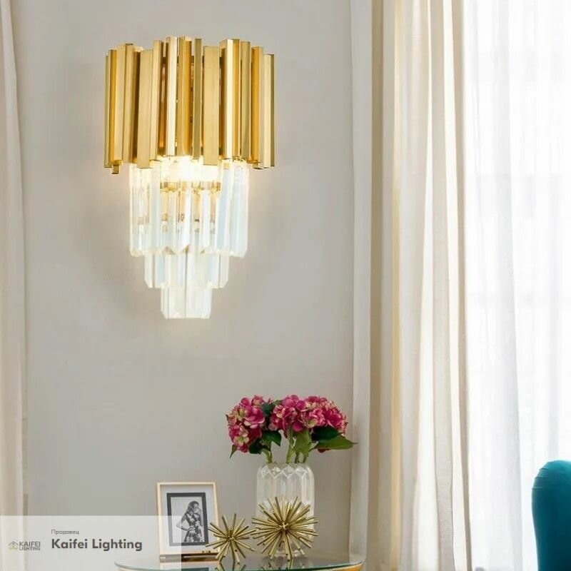 Настенный бра с металлическими кристаллами Золото 40 см белый свет