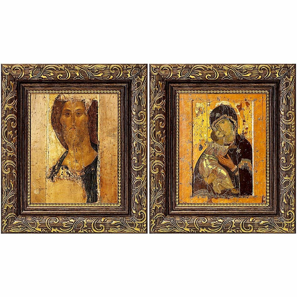 Венчальная пара "Спас Вседержитель (Андрей Рублев, 1410 г) - Владимирская икона Божией Матери (XII в)", две иконы в широких темных пластиковых рамках 14,5*16,5 см