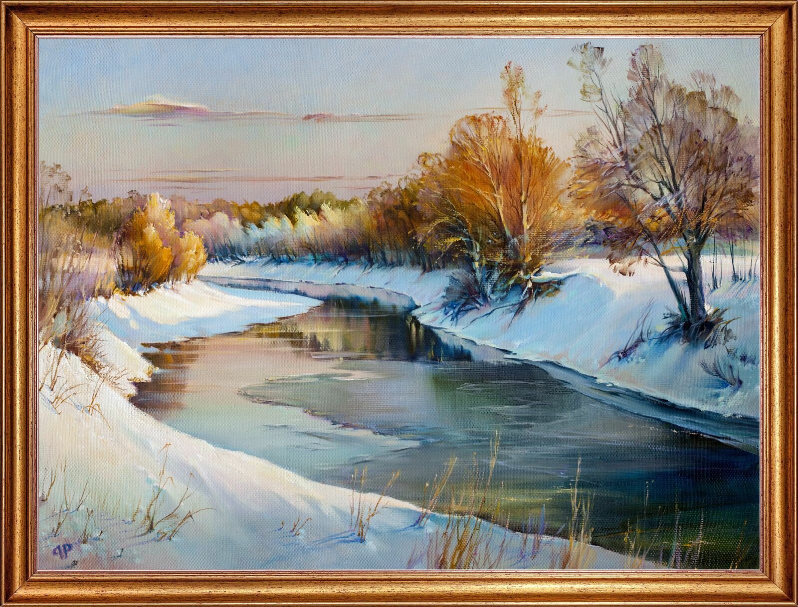 Картина на холсте, "Зимний вечер", 80х60 см, художник - Романов Роман. Холст на деревянном подрамнике, оформлена в багет, Арт. РР-х62