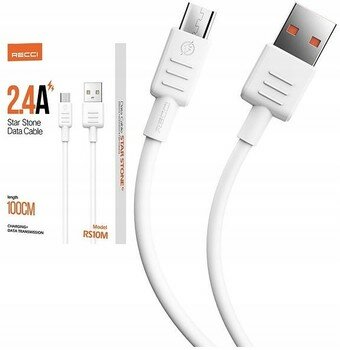 Кабель для быстрой зарядки и передачи данных Recci Star Stone Data Cable, USB to MicroUSB, 2.4А, 1 метр, Белый, RS10M