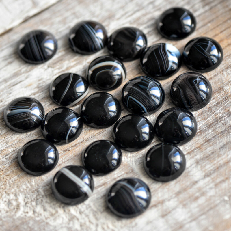 Кабошон Агат Ботсвана 2 шт, круглый, цвет черный полосатый, 16x6 мм