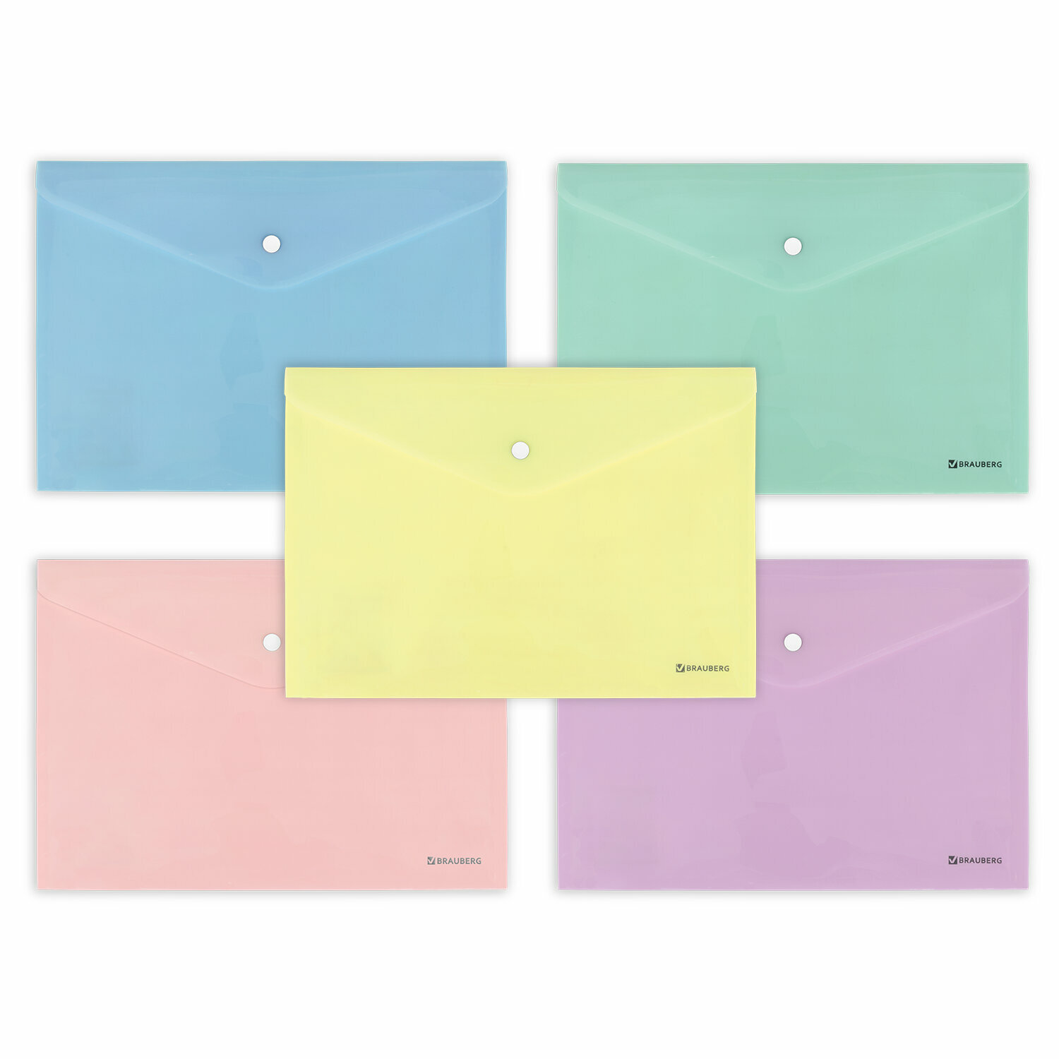Папки-конверты Brauberg "Pastel", с кнопкой, А4, ассорти цветов, 0,18 мм, 5 шт