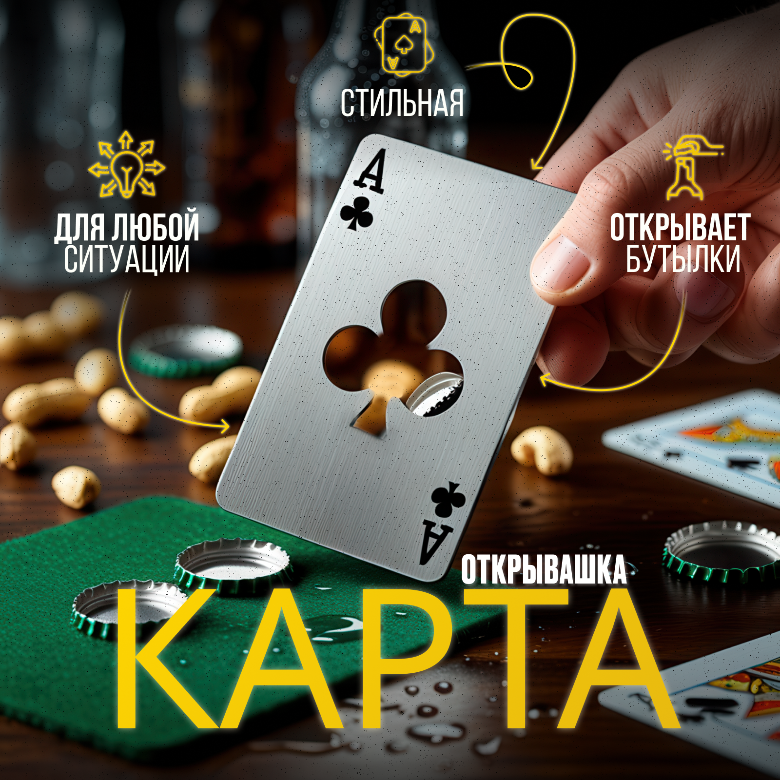 Открывалка металлическая для бутылки пива, карта - открывашка серебряная