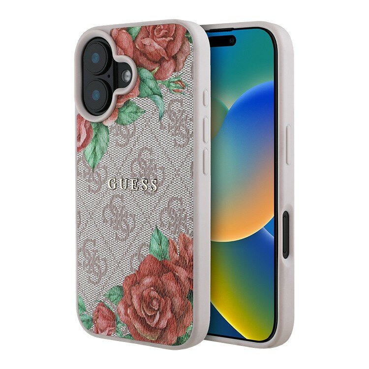 Guess чехол MagSafe для iPhone 16, PU-кожа Flowers Roses розовый