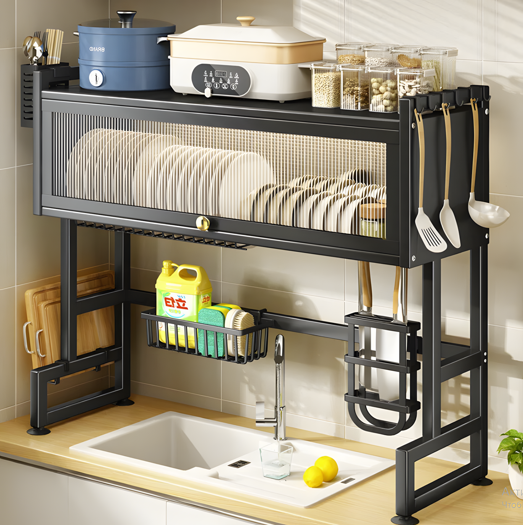 Стеллаж для раковины, кухонный, многофункциональный, черный, 95 см