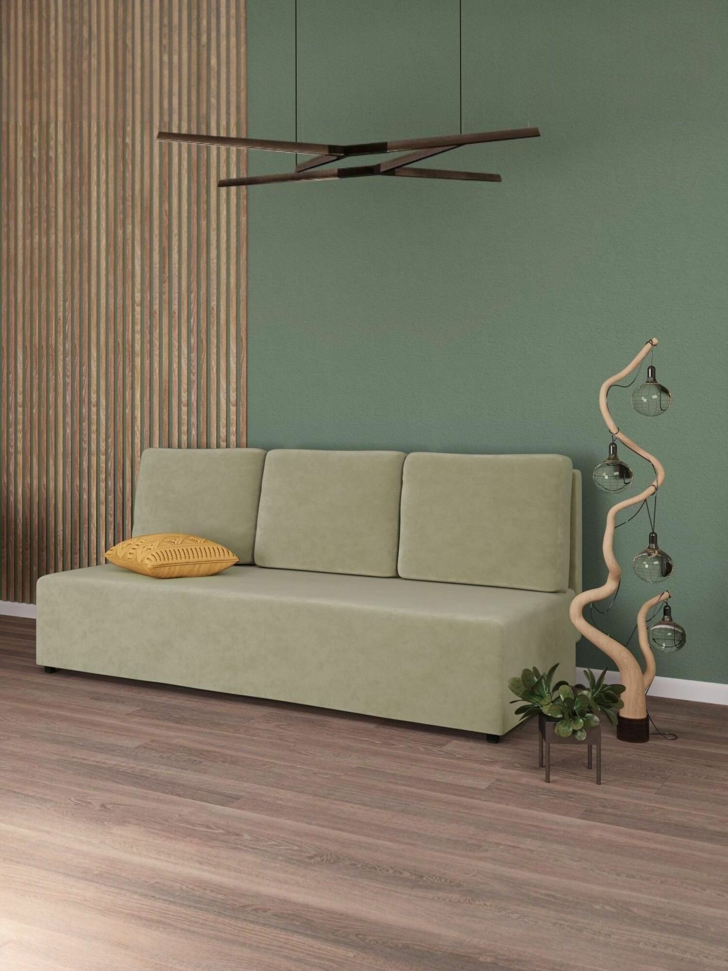 Прямой диван Manons Maison Каир, раскладной механизм Еврокнижка, Велюр салатовый, 187х87х86 см