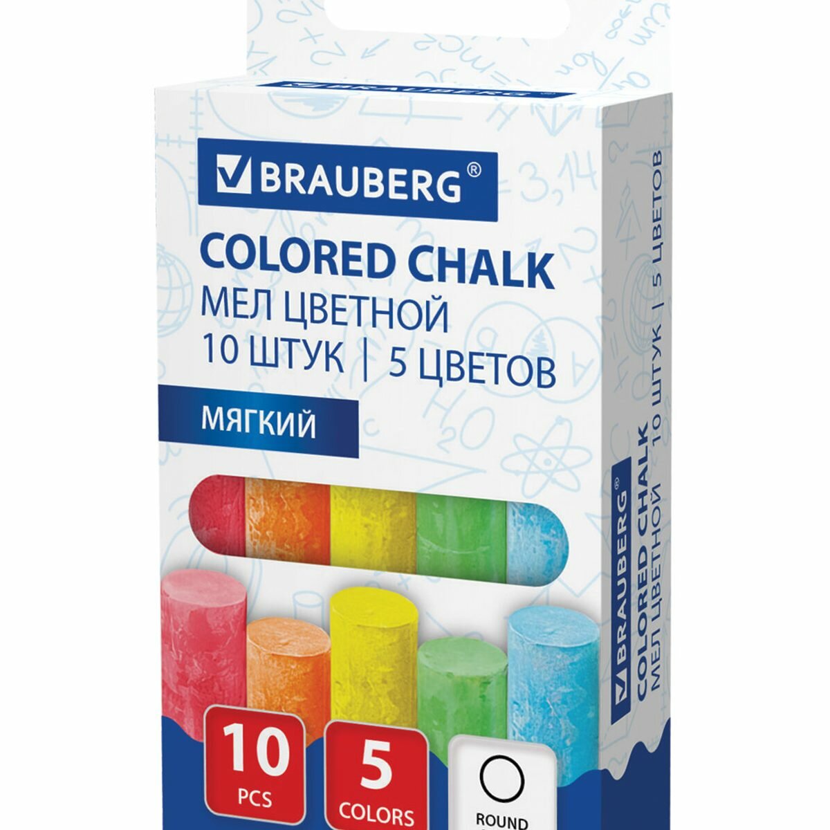 Мел цветной Brauberg, 5 цветов, круглый мягкий, 10шт, картонная упаковка (272767)