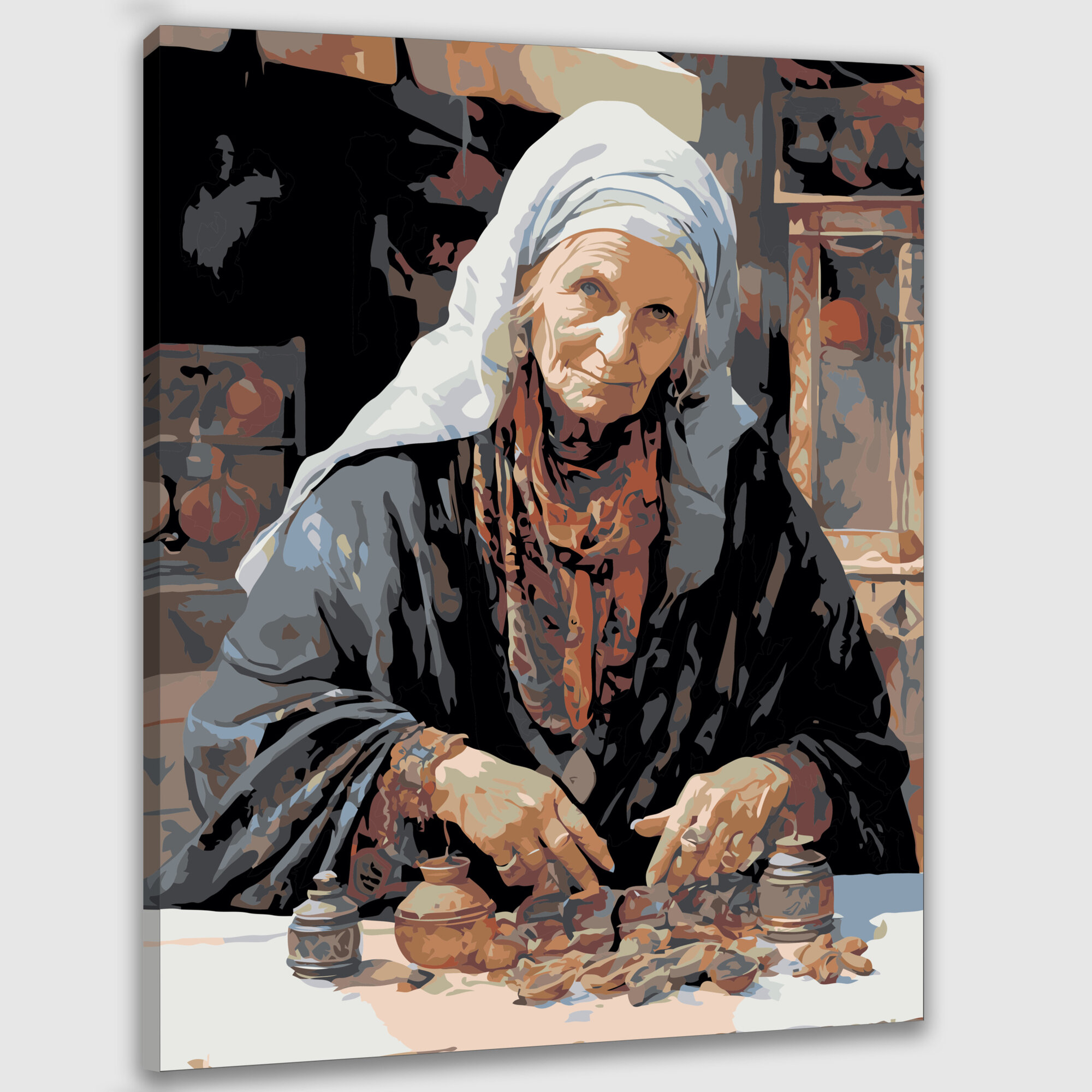 Картина по номерам 40x50 см, акварельная иллюстрация, гадалка, столик, рынок, шарф, ветер, будущее, колода карт Таро