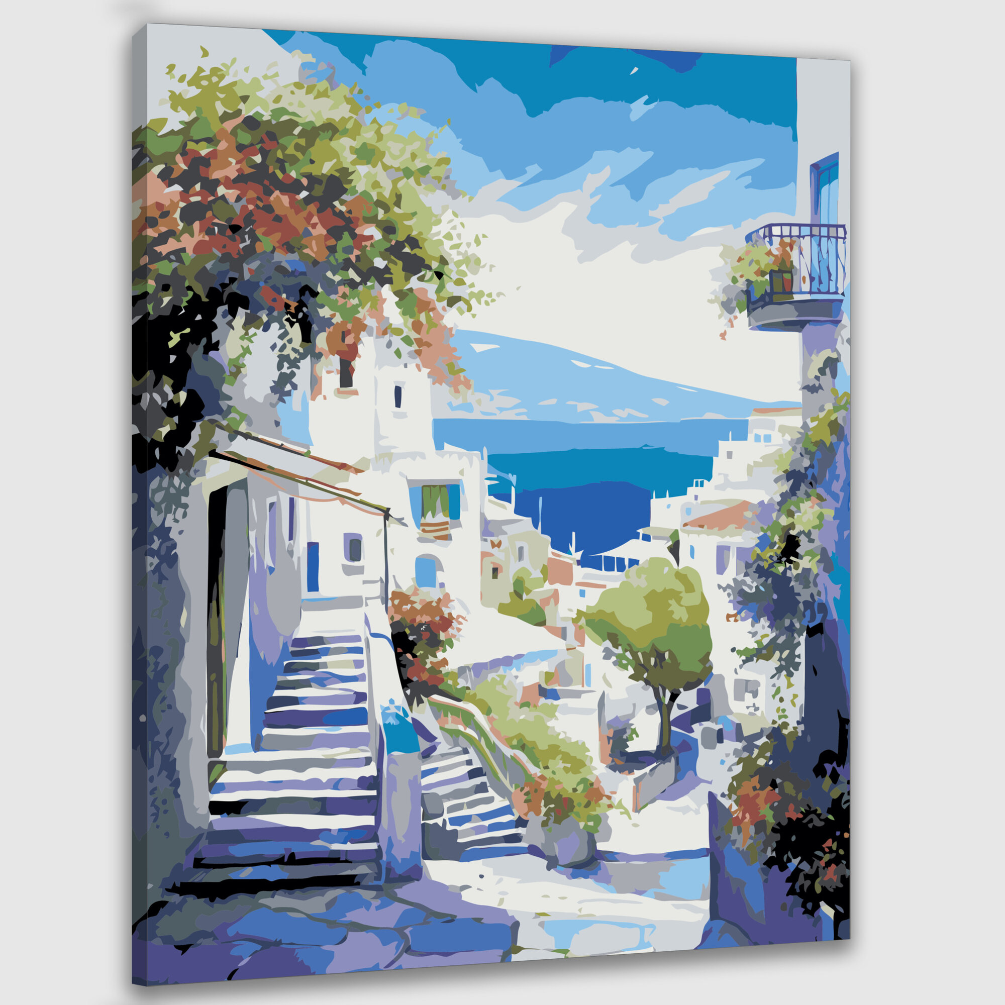Картина по номерам 40x50 см, акварельная картина, средиземноморская деревня, Греция, белые дома, солнце, море, небо