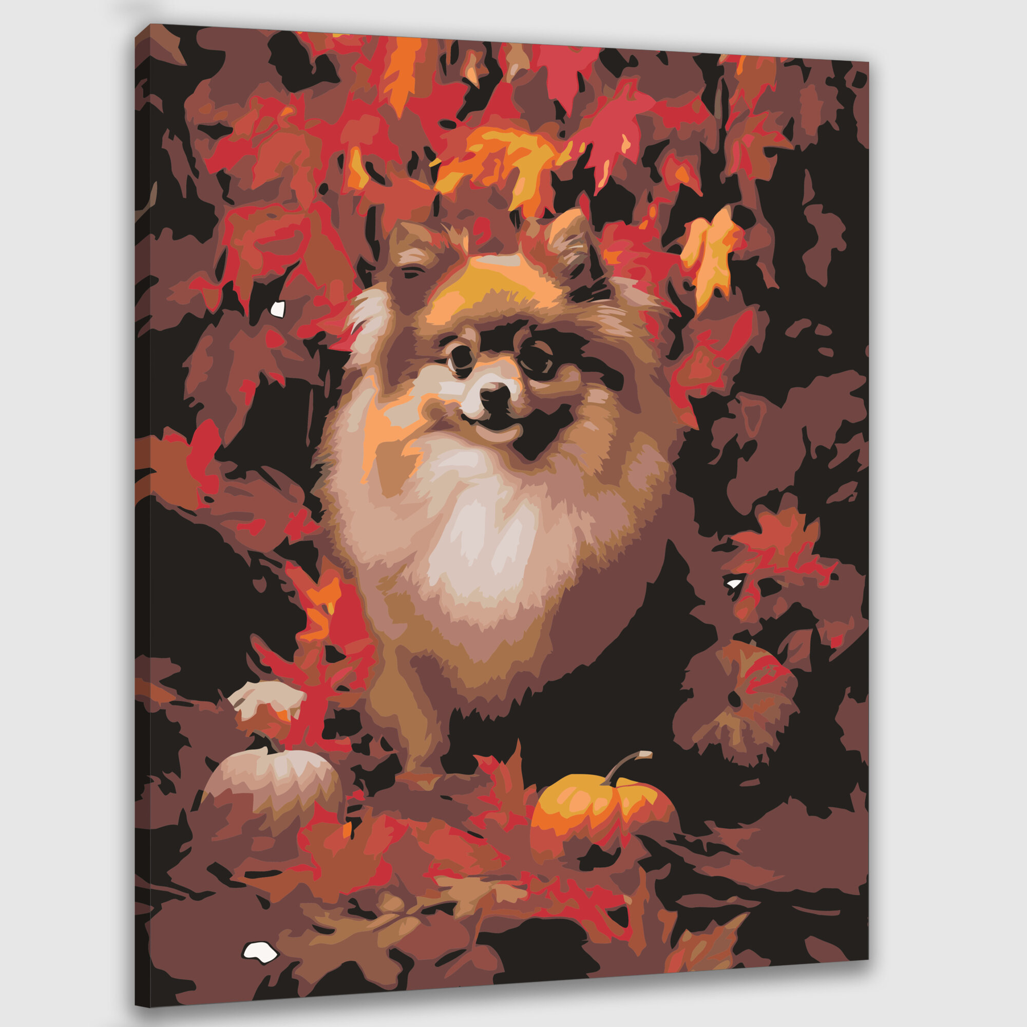 Картина по номерам 40x50 см, шпиц, фотография, осенние листья, роскошный мех, контраст, цвета сезона, элегантность