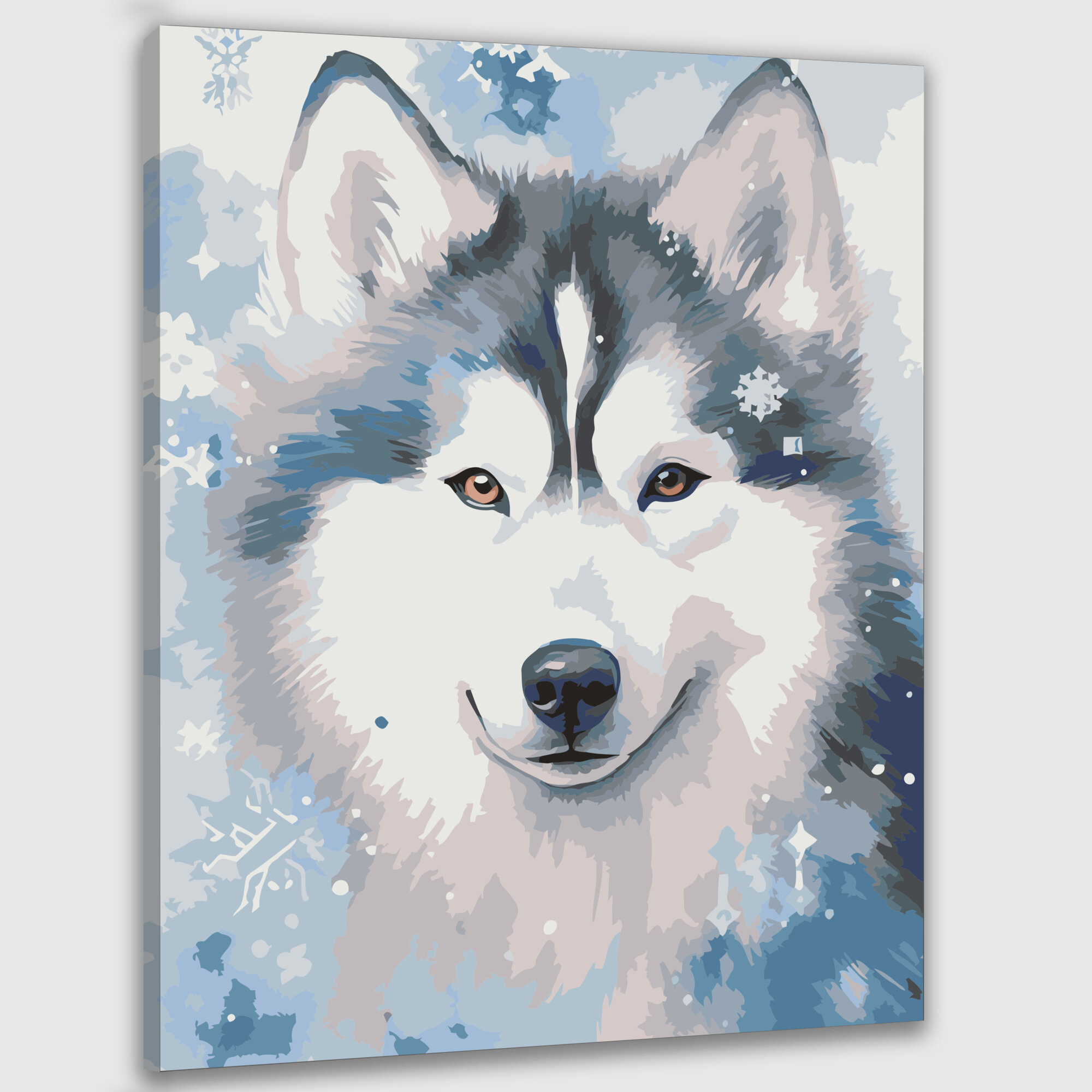 Картина по номерам 40x50 см, акварельный портрет, хаски, снежинки, яркие цвета, сказочная атмосфера