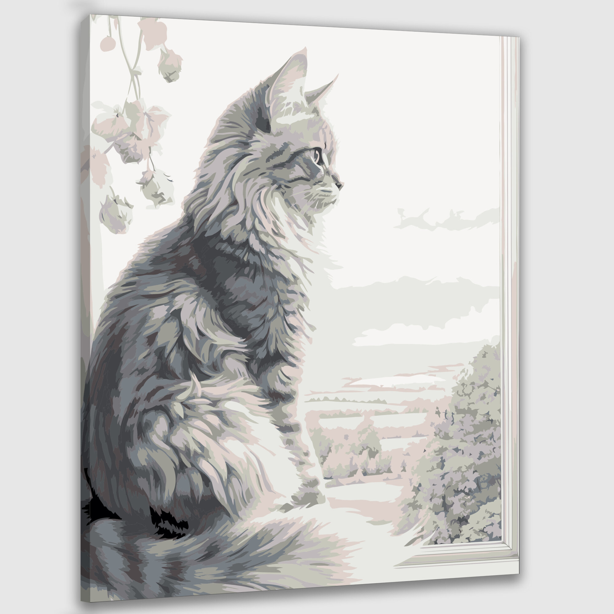 Картина по номерам 40x50 см, кошка, мейн-кун, графитовый рисунок, длинная шерсть, хохолки на лапах, подоконник, солнце
