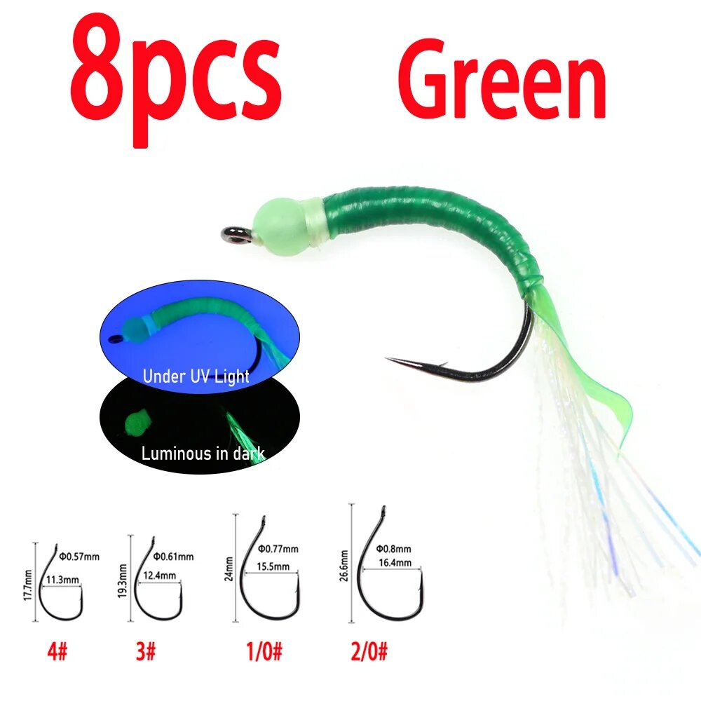 WIFREO светящиеся морские черви для рыбалки 8 шт Зеленый, Size 4, 8pcs Green
