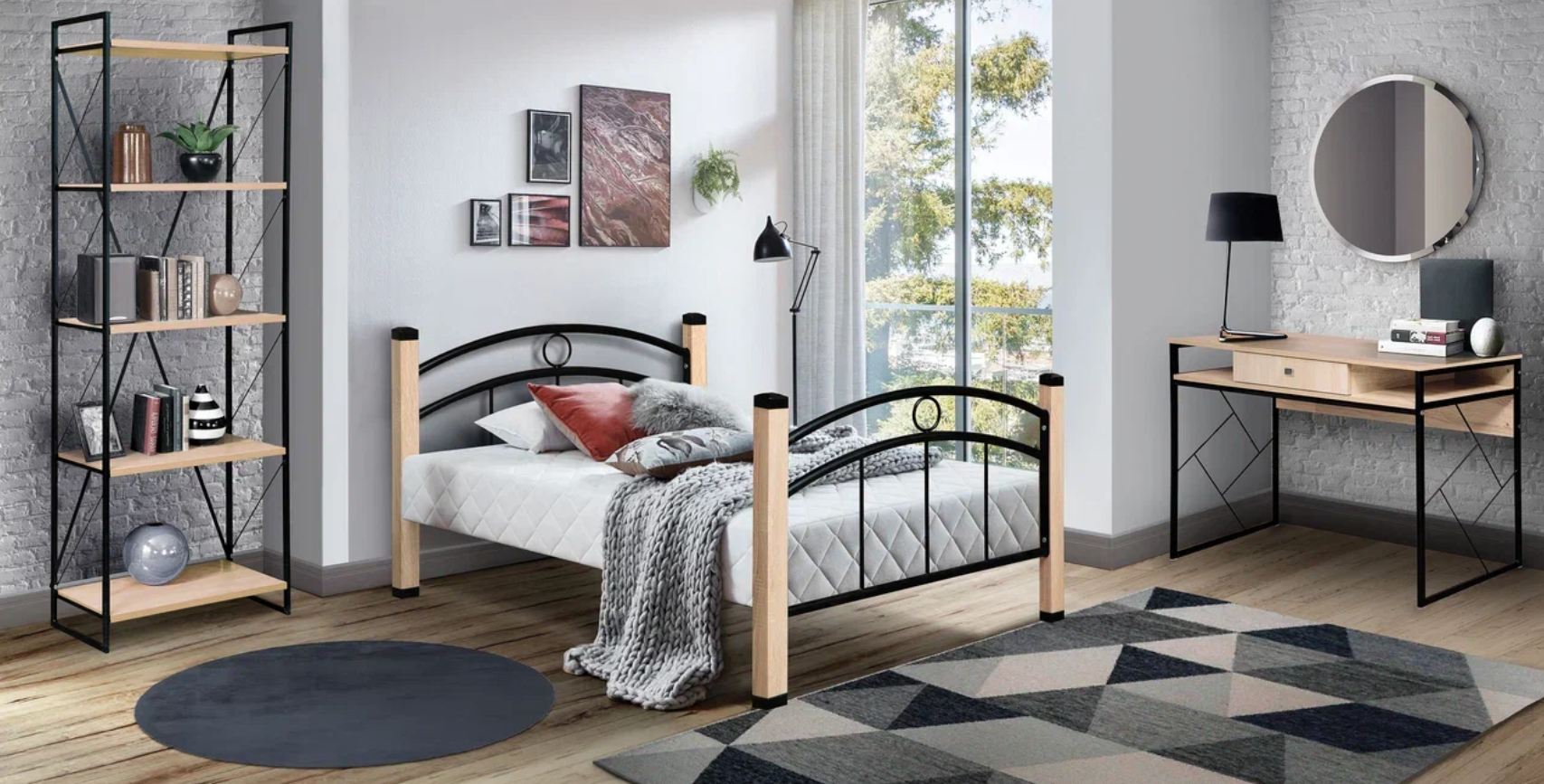 Спальня Олимп Скарлетт комплектация 1 (Кровать 900+Стеллаж ш.940+Стол) Дуб сонома, Металл черный