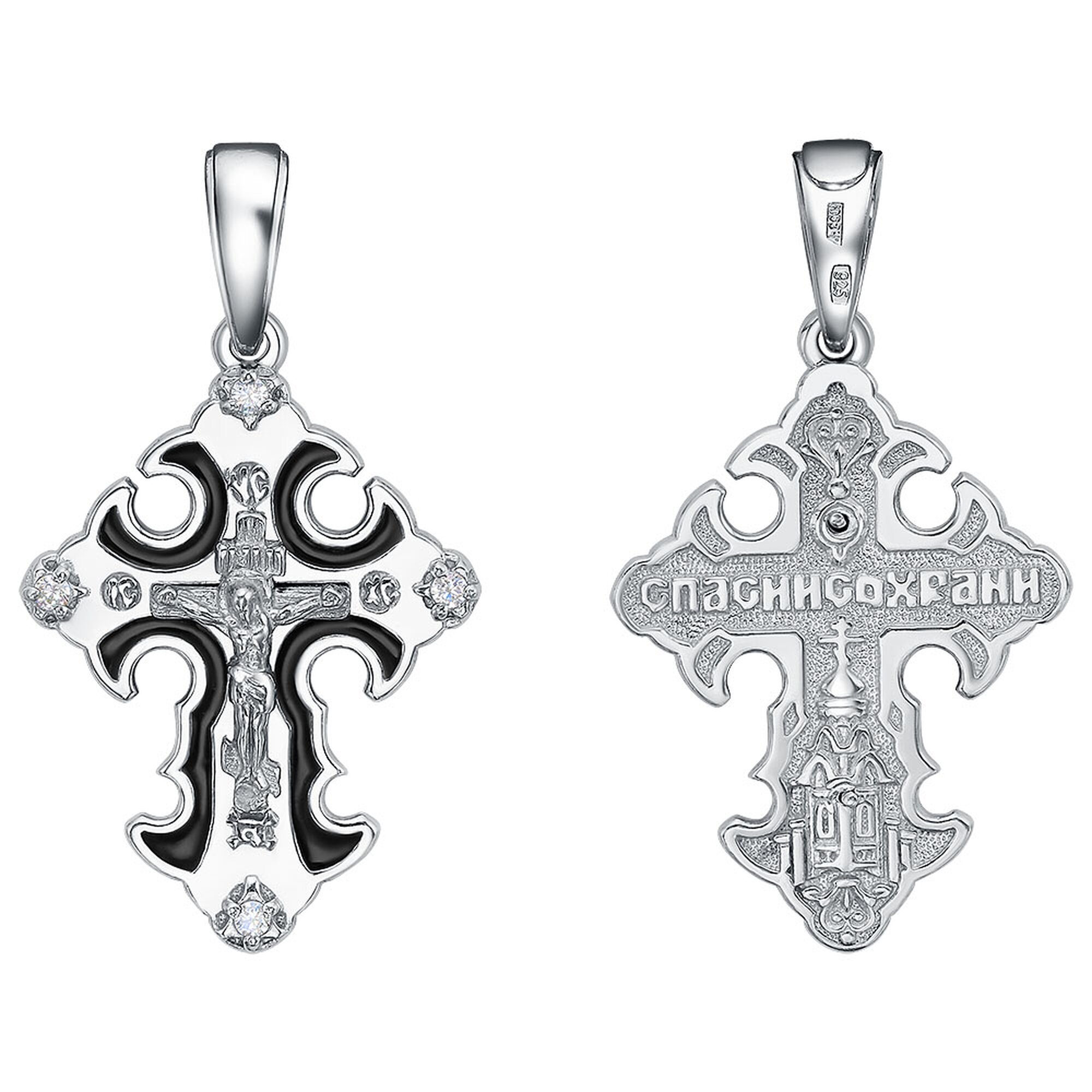 Крестик, серебро, 925 проба, родирование, фианит, эмаль