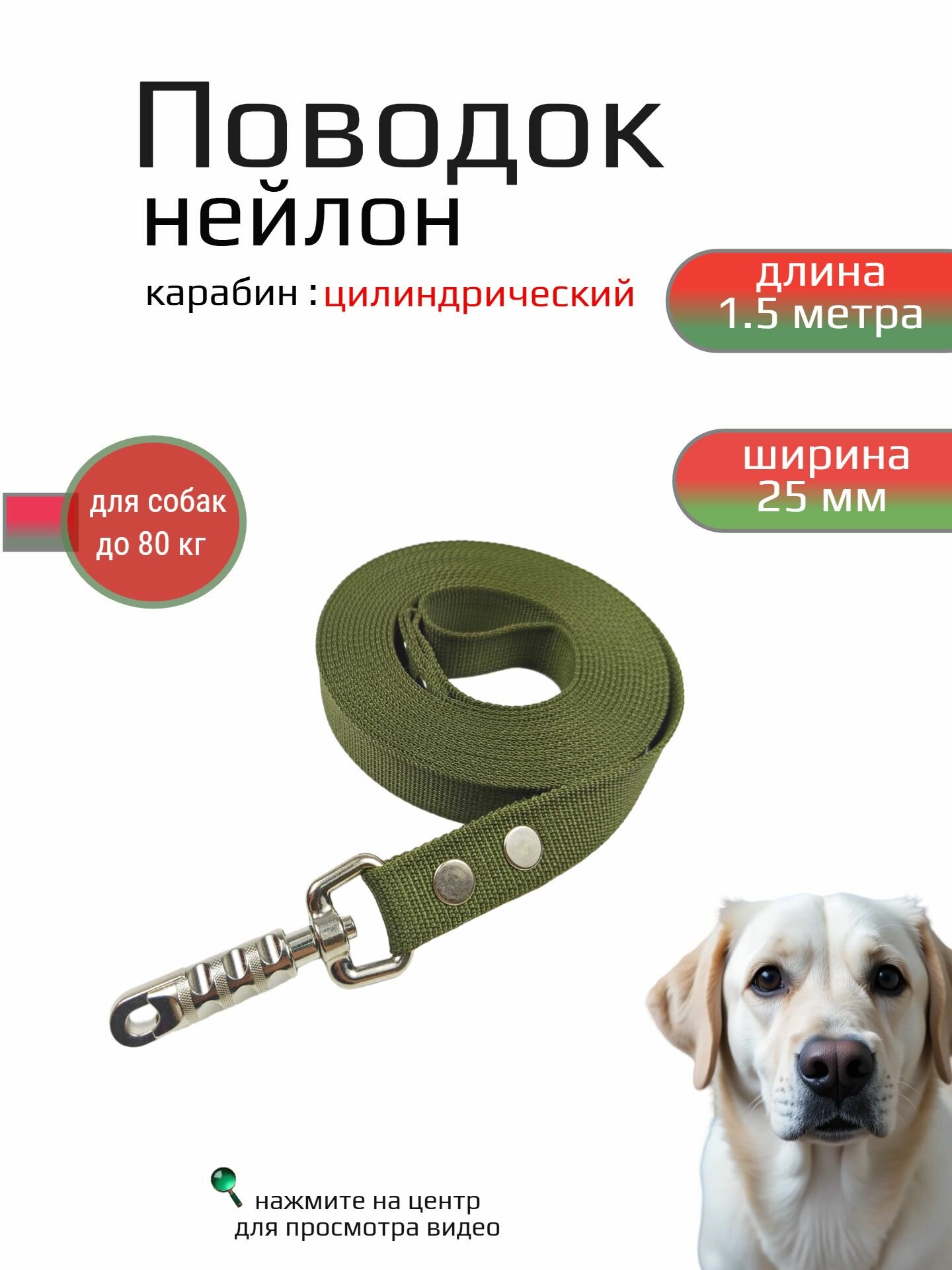 Поводок Хвостатыч для собак с цилиндрическим карабином нейлон 1.5 м х 25 мм (зеленый)