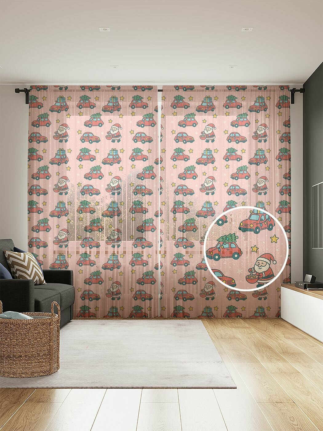 Тюль, фототюль длинный "Санта с машинкой" высота 265 см, ширина 145 см (по 2 полотна), JoyArty, серия Новый год