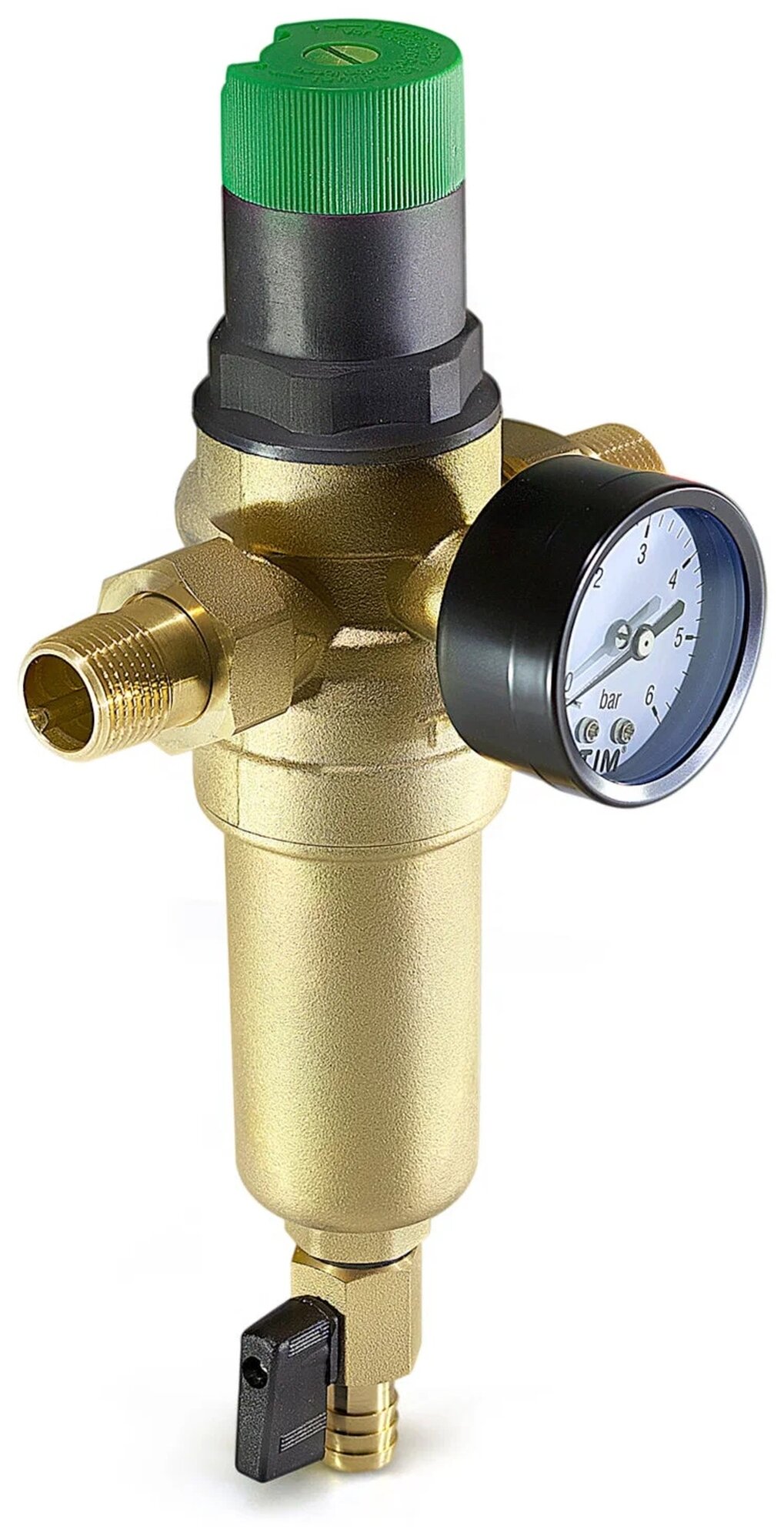 Фильтр самопромывной с редуктором давления 1" Н/Н, с латунным корпусом, манометром и сливным краном.