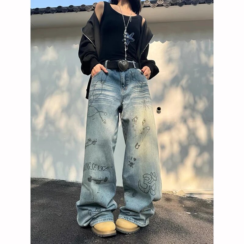 Охоты Брюки JYL Женские джинсы Чистый цвет Синее с печатью 2000-х Харадзуку винтажный Oversize хип-хоп осень