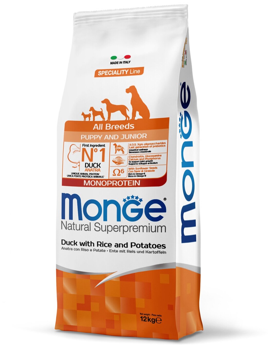 Сухой корм Monge Dog Speciality Line Monoprotein для щенков всех пород, из утки с рисом и картофелем 12 кг