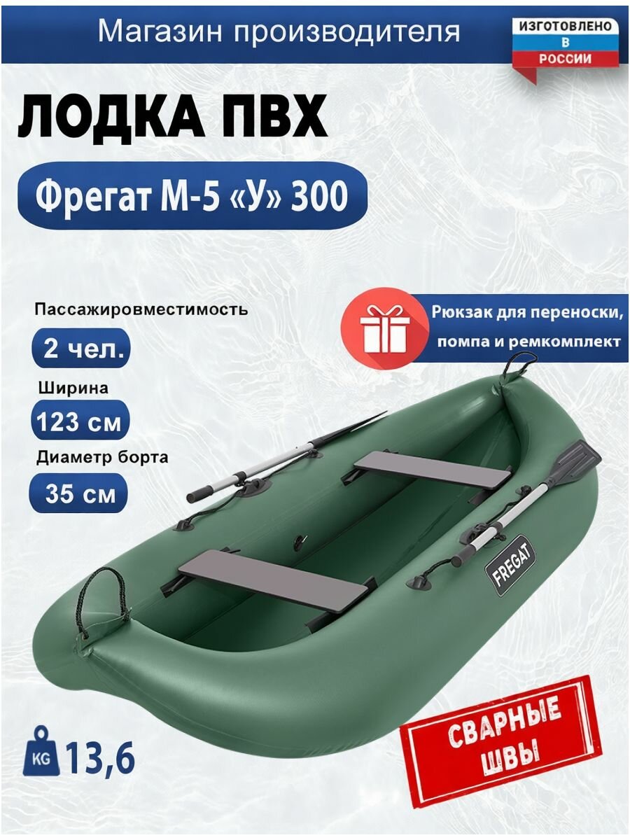 Лодка надувная для рыбалки ПВХ двухместная Фрегат М-5 У, 300см, зеленая