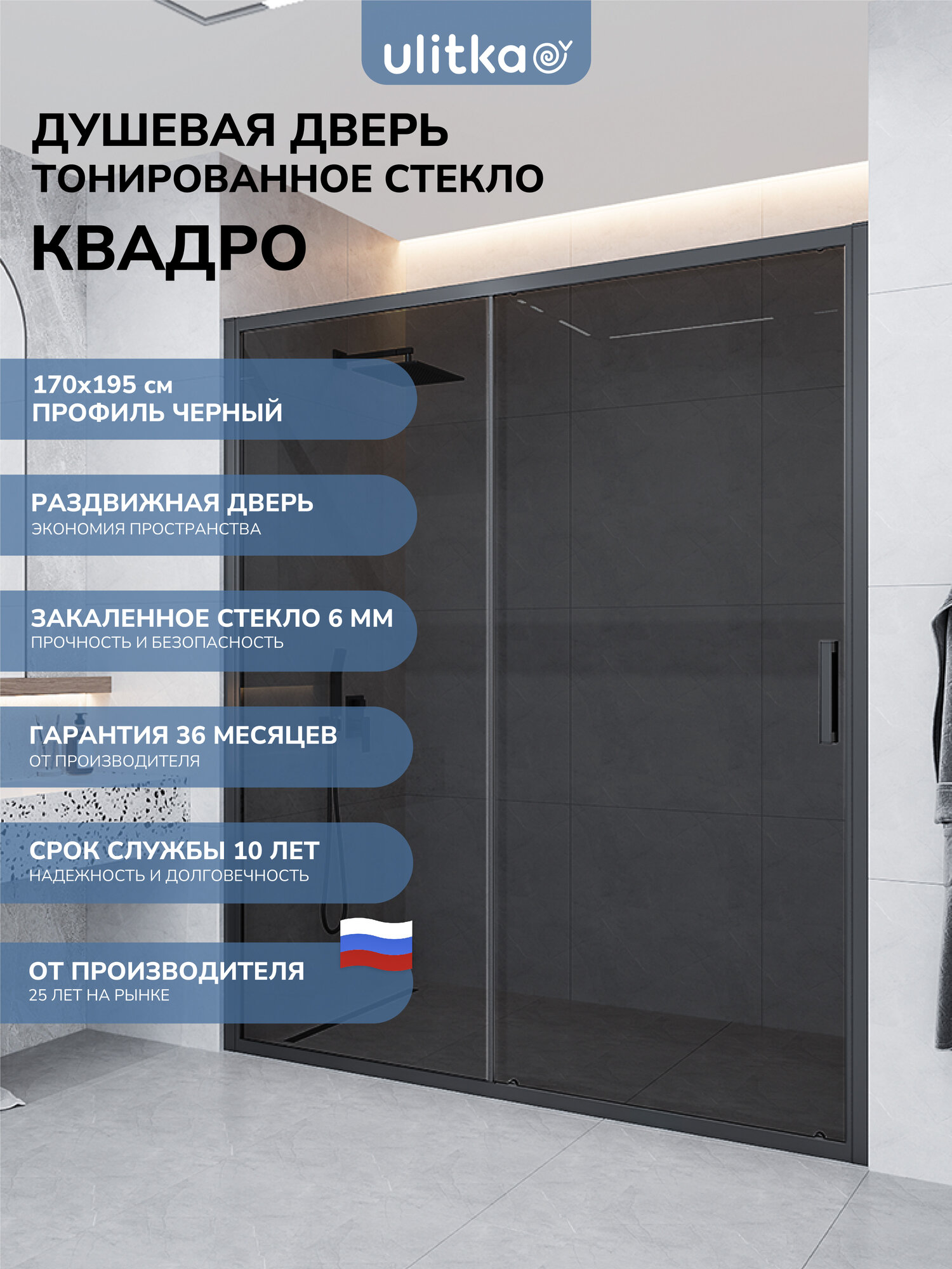 Душевая дверь в нишу 170х195 см. Квадро стекло тонированное, профиль черный