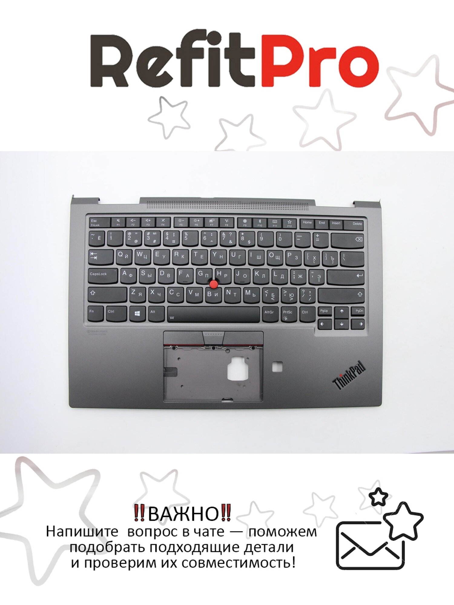 Верхняя панель с клавиатурой (топкейс) для ноутбука Lenovo ThinkPad X1 Yoga 4th Gen (For WWAN) FingerPrint, черная, с подсветкой, раскладка - русская (5M10V24971)