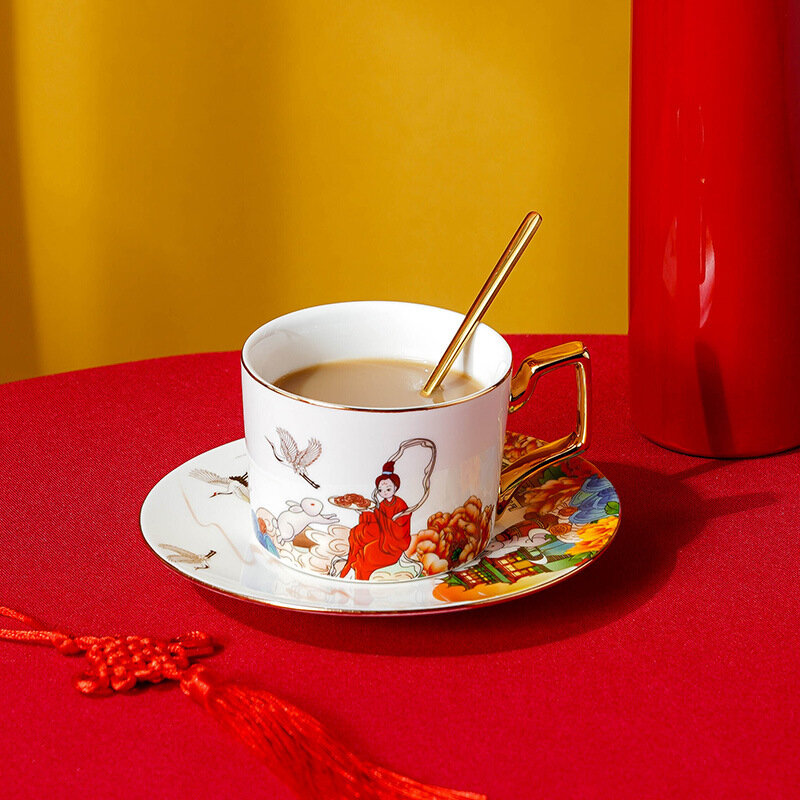 Подарочный набор для кофе и блюдца из керамики для праздника середины осени, ретро набор кофейных чашек с золотым краем, послеобеденный чай, цветочный чай, с возможностью нанесения логотипа