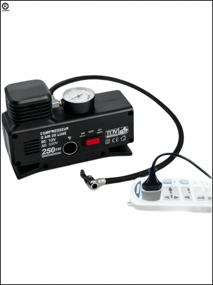 Портативный автомобильный компрессор 220В и 12В с манометром, подсветкой и тремя насадками в черном цвете представлен как бестселлер