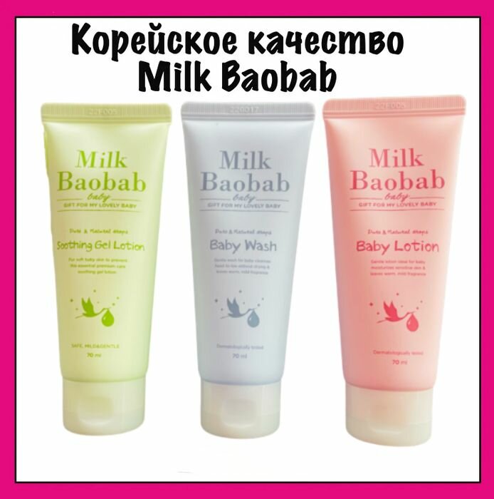 Milk Baobab Детский набор для тела (гель для купания малыша от макушки до пяточек, увлажняющий лосьон, успокаивающий лосьон) 3*70 мл.