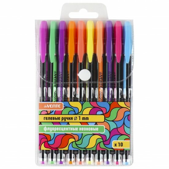 Набор ручек гелевых 10 шт. "deVENTE. Neon Black" флуор. неоновых цветов, d1 мм, черный корпус
