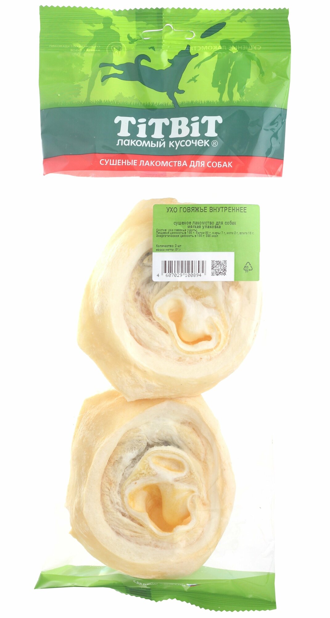 Лакомство TiTBiT Лакомый кусочек Ухо говяжье внутреннее для собак (80 г)