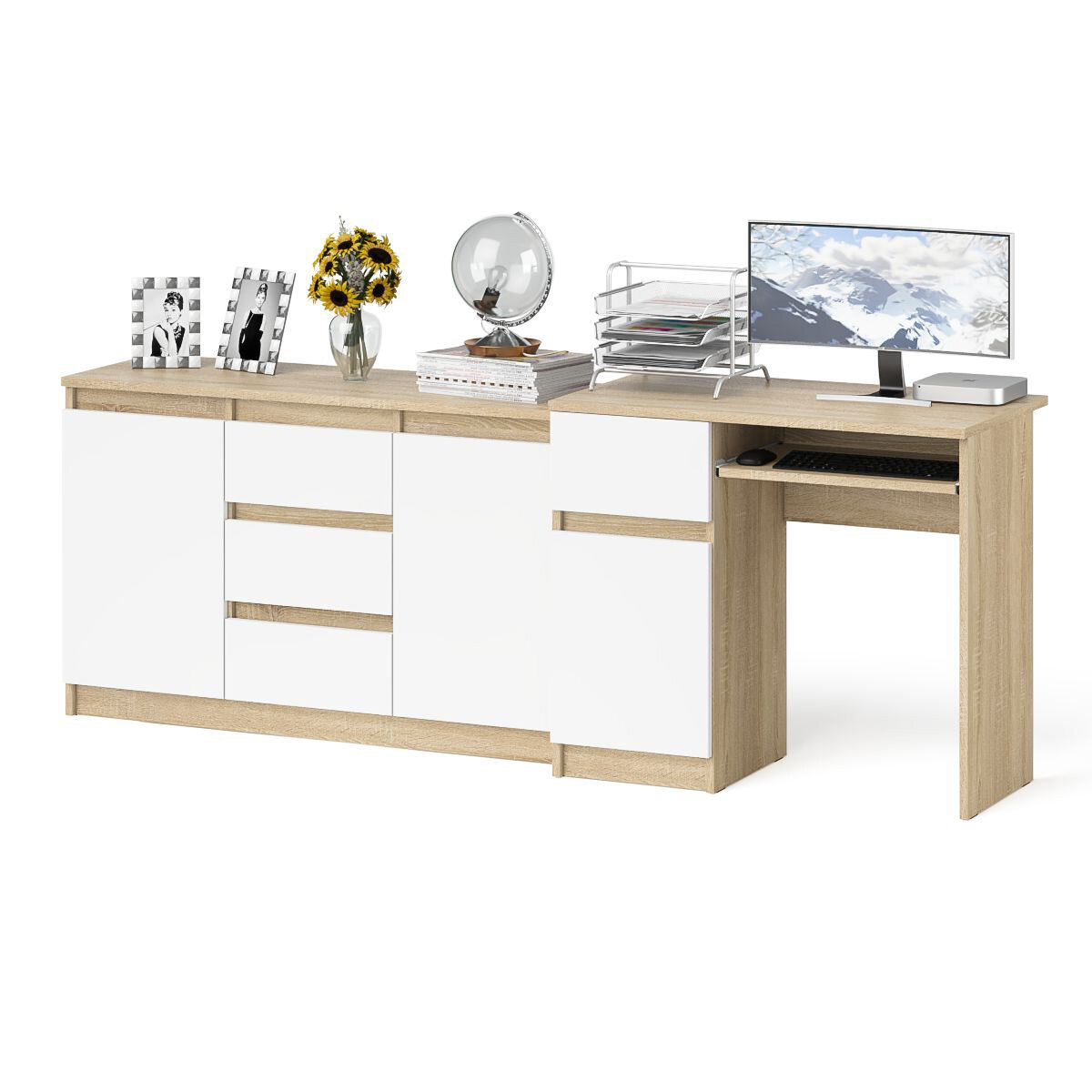 Комод-тумба СВК Мори МК1200 3 ящика и две дверки со столом компьютерным левым цвет дуб сонома/белый, 210,4х50х76,6 см.