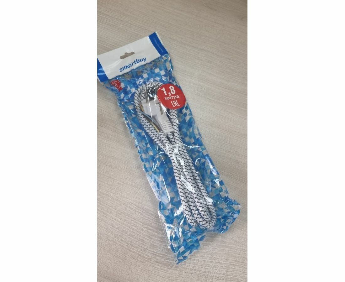 SmartBuy Сетевой шнур в тканевой оплетке без земли для утюга белый 1,8 метра 6А/1,2кВт SBE-06-P10-w