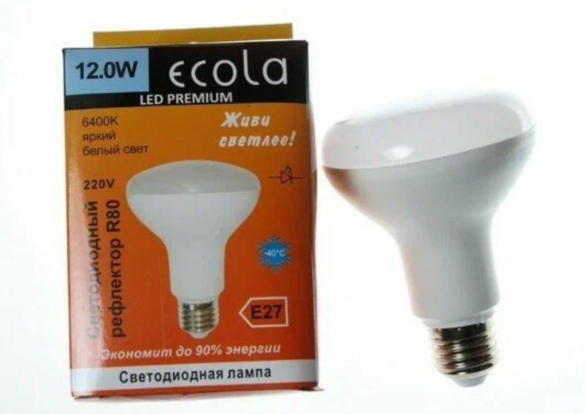 Лампа светодиодная R80 E27 12W 6400K 6K 114x80 Premium, Ecola