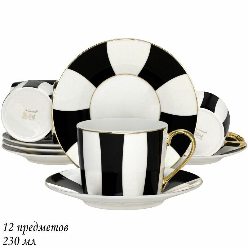 Чайный набор на 6 персон 12 предметов 6 чашек и блюдец 230 мл Жаклин в подарочной упаковке фарфор Lenardi