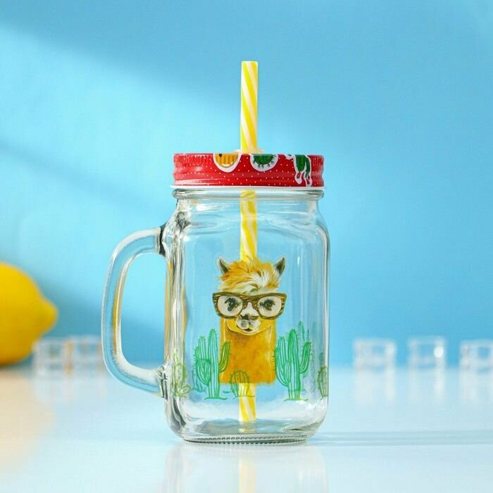 Банка стеклянная с крышкой и трубочкой Доляна Лама , 450 мл, 10 7,5 13 см