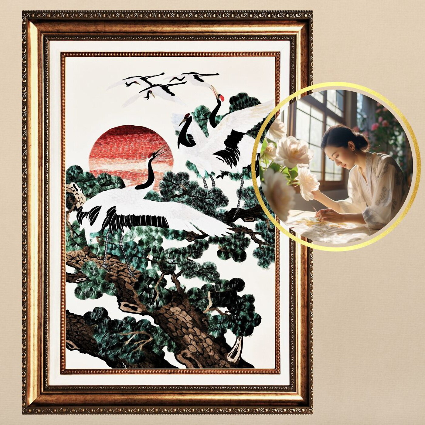 Декоративная настенная картина Живой Шелк Японские красноголовые журавли у пихт, вышивка шелком ручная с 3Dэффектом, см 50х67х3/ в багете