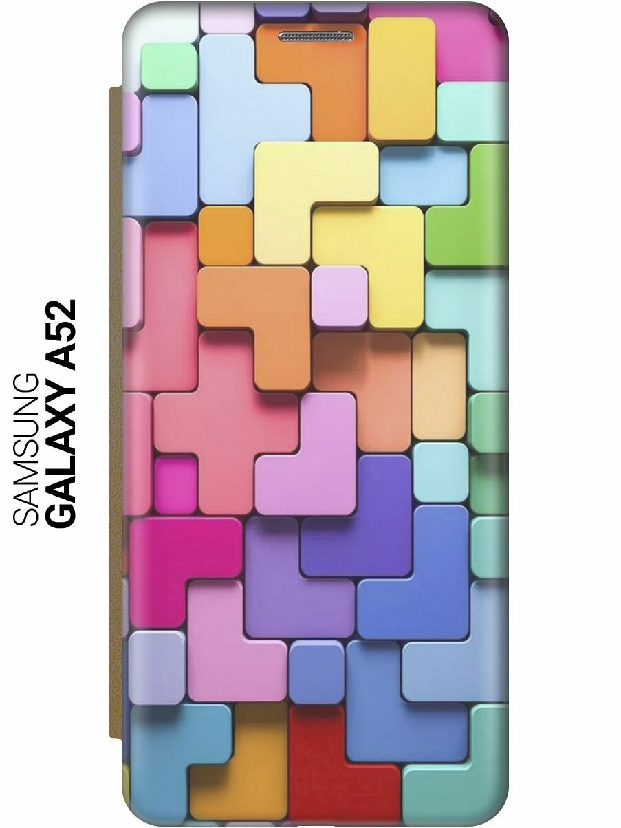 Чехол-книжка на Samsung Galaxy A52, Самсунг А52 с 3D принтом "Паттерн из блоков" золотой