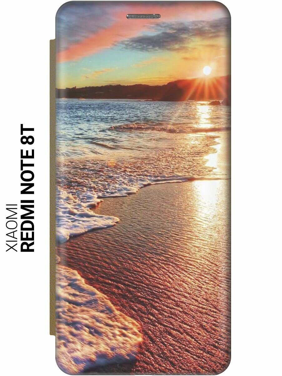 Чехол-книжка на Xiaomi Redmi Note 8T, Сяоми Редми Ноут 8Т с 3D принтом "Залитый светом пляж" золотой