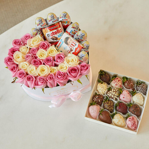 Букет Venus in Fleurs "Бело-розовые", розы с конфетами, 41 цветок