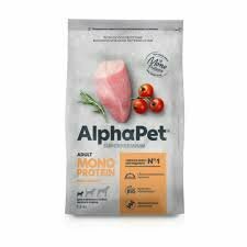Сухой полнорационный корм MONOPROTEIN из индейки для взрослых собак мелких пород AlphaPet Superpremium 1,5 кг