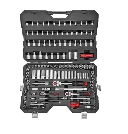 Набор инструментов FORCE 41801 180 предметов, головки 6гр и Е-стандарт, головки-биты и приспособления DR.1/4",3/8",1/2".