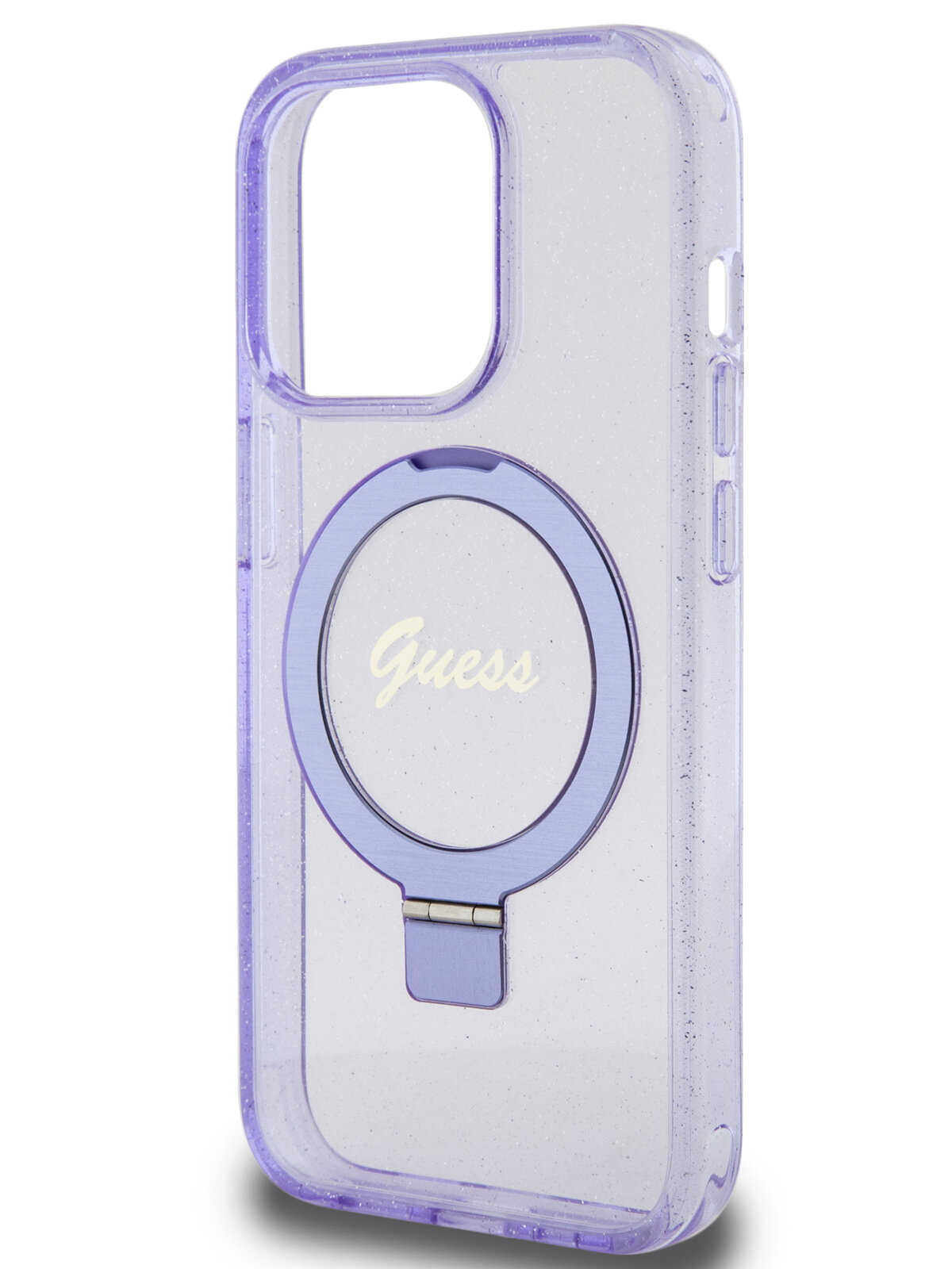 Guess для iPhone 15 Pro чехол PC/TPU Script logo + Ring stand Hard Glitter Purple (MagSafe)