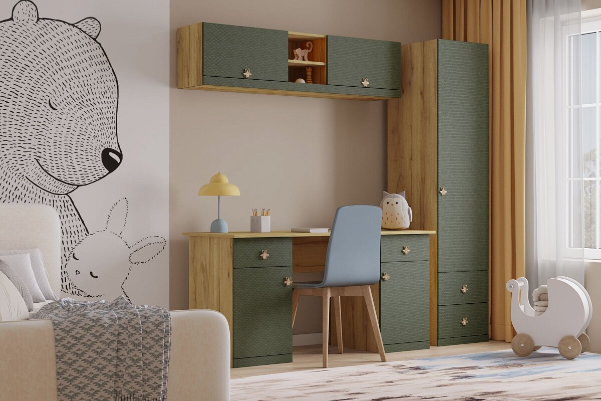 Детская стенка МебельЛэнд24 Скарабей - 10 МДФ Пантано 195x60x210 зеленый со шкафом со столом