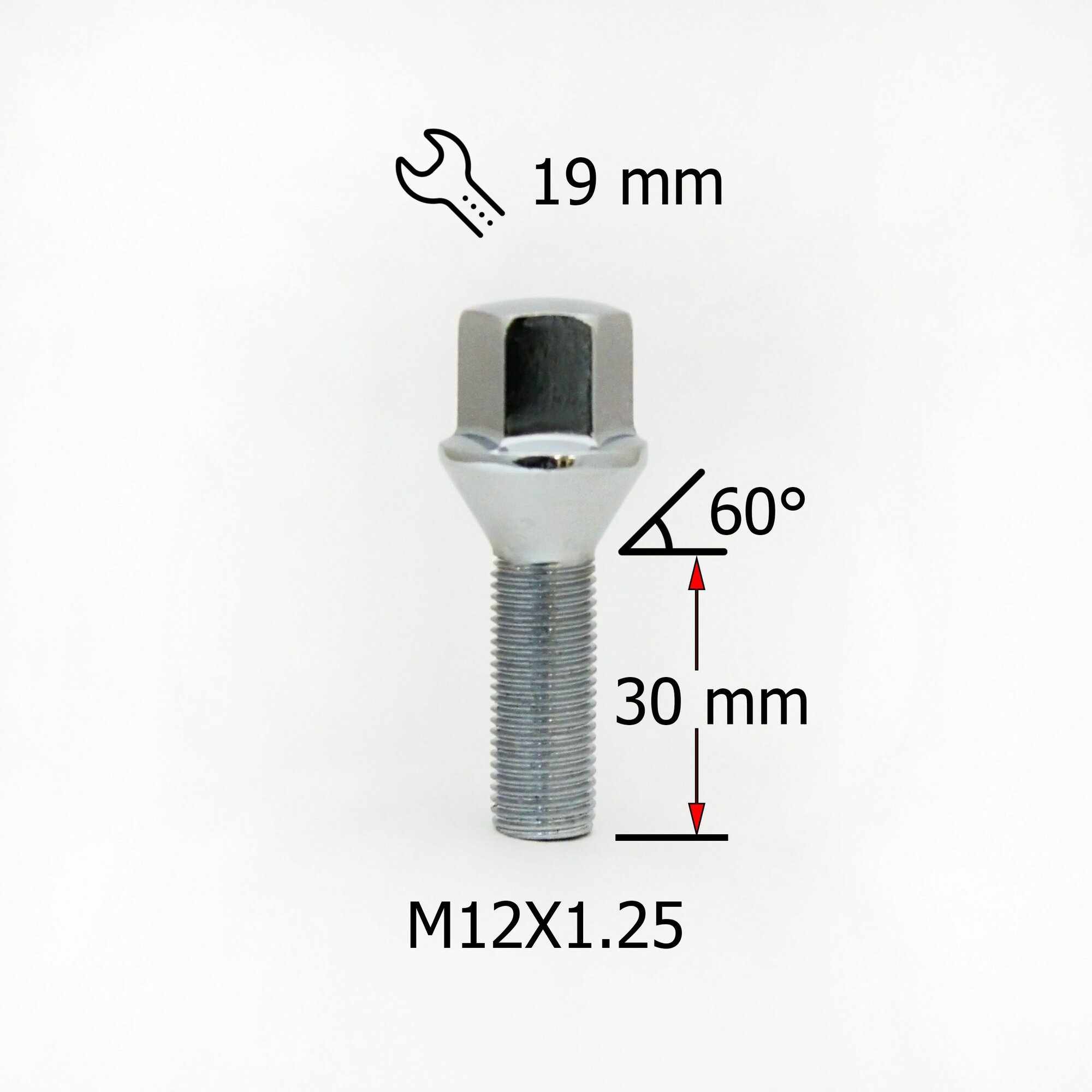 Болт колесный M12х1,25 длина резьбовой части 30мм, конус, ключ 19мм, хром