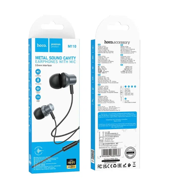 Проводные наушники с микрофоном Hoco M110 Encourage metal, 3,5 jack, провод 1.2m, серый металлик