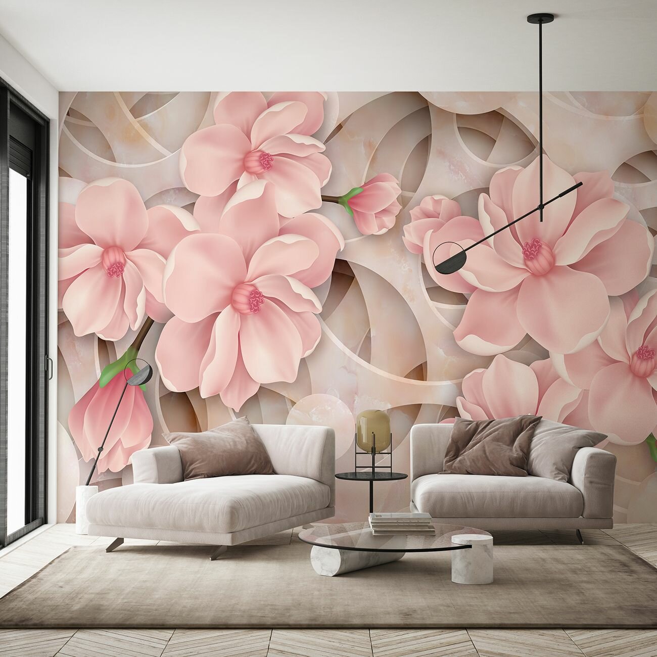 Фотообои/F коллекцияF-037 Розовые цветы на мраморных кругах 400х270-1Divino