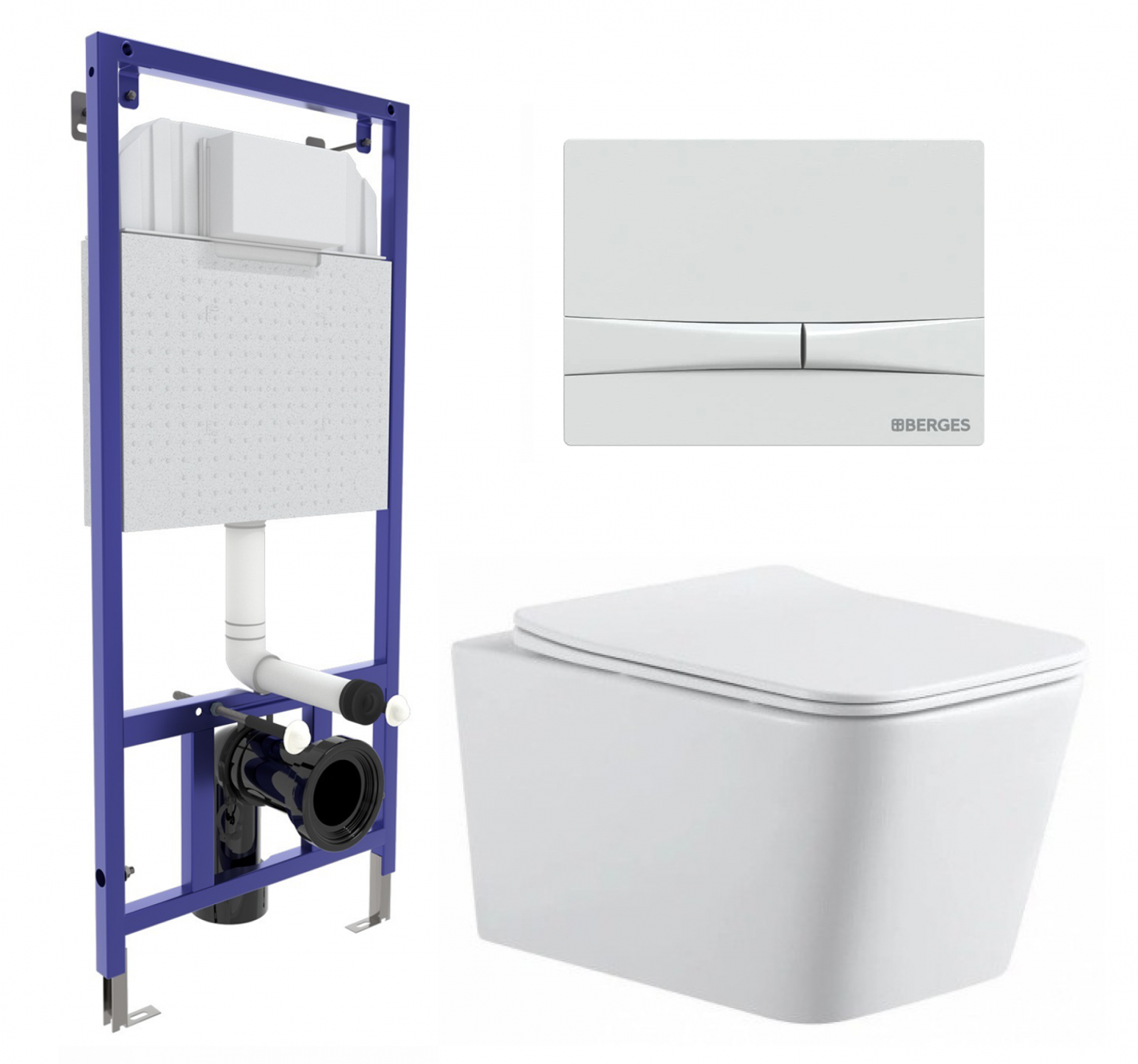 Комплект 3 в 1 инсталляция Berges Wasserhaus Novum 040250 + Подвесной унитаз SinteSi BALTI + кнопка белая